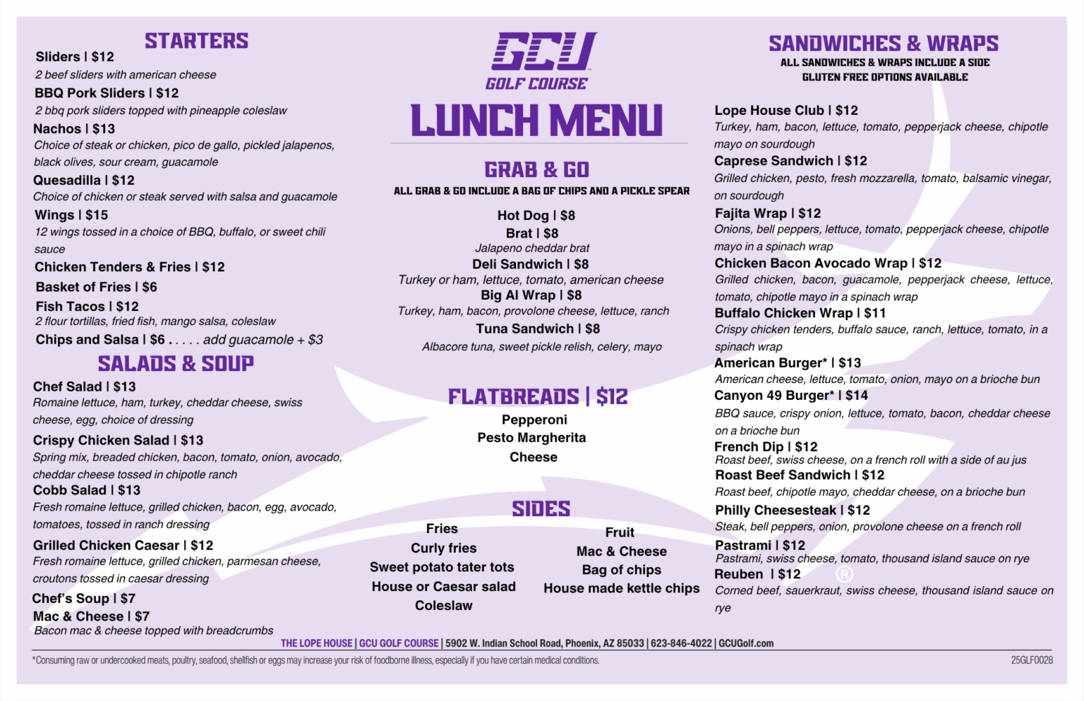 Lope House Lunch Menu – Grand Canyon University Golf Course – Phoenix, AZ